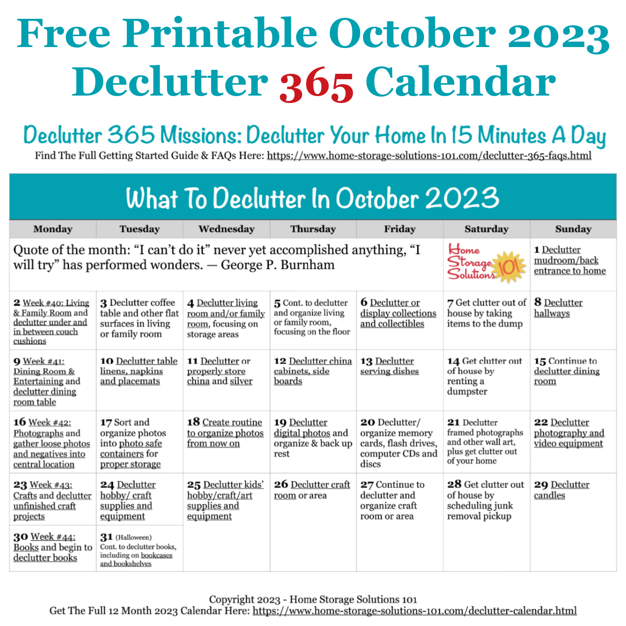 October Declutter 365 Calendar: 15 Minute Daily Missions For Month
