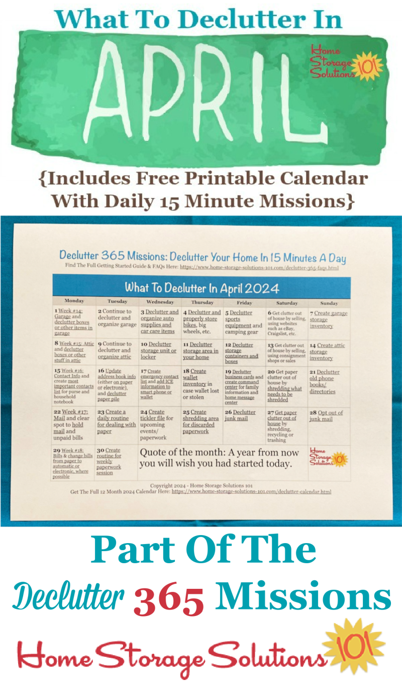 April Declutter 365 Calendar: 15 Minute Daily Missions For Month