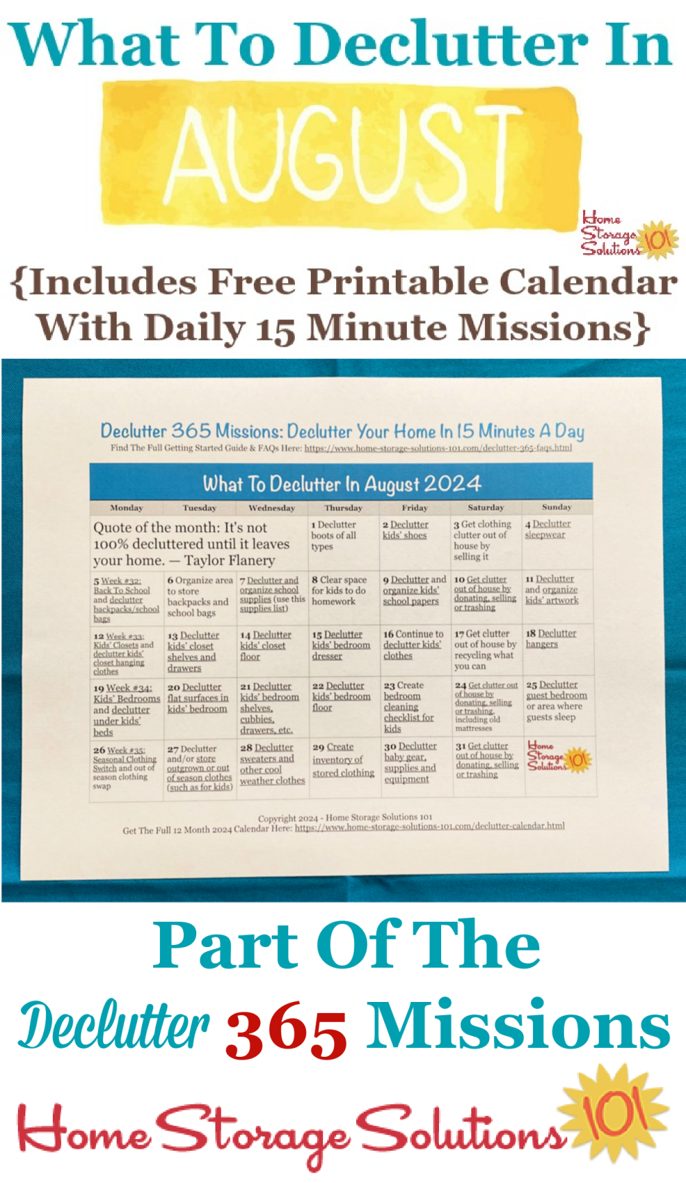 August Declutter 365 Calendar: 15 Minute Daily Missions For Month
