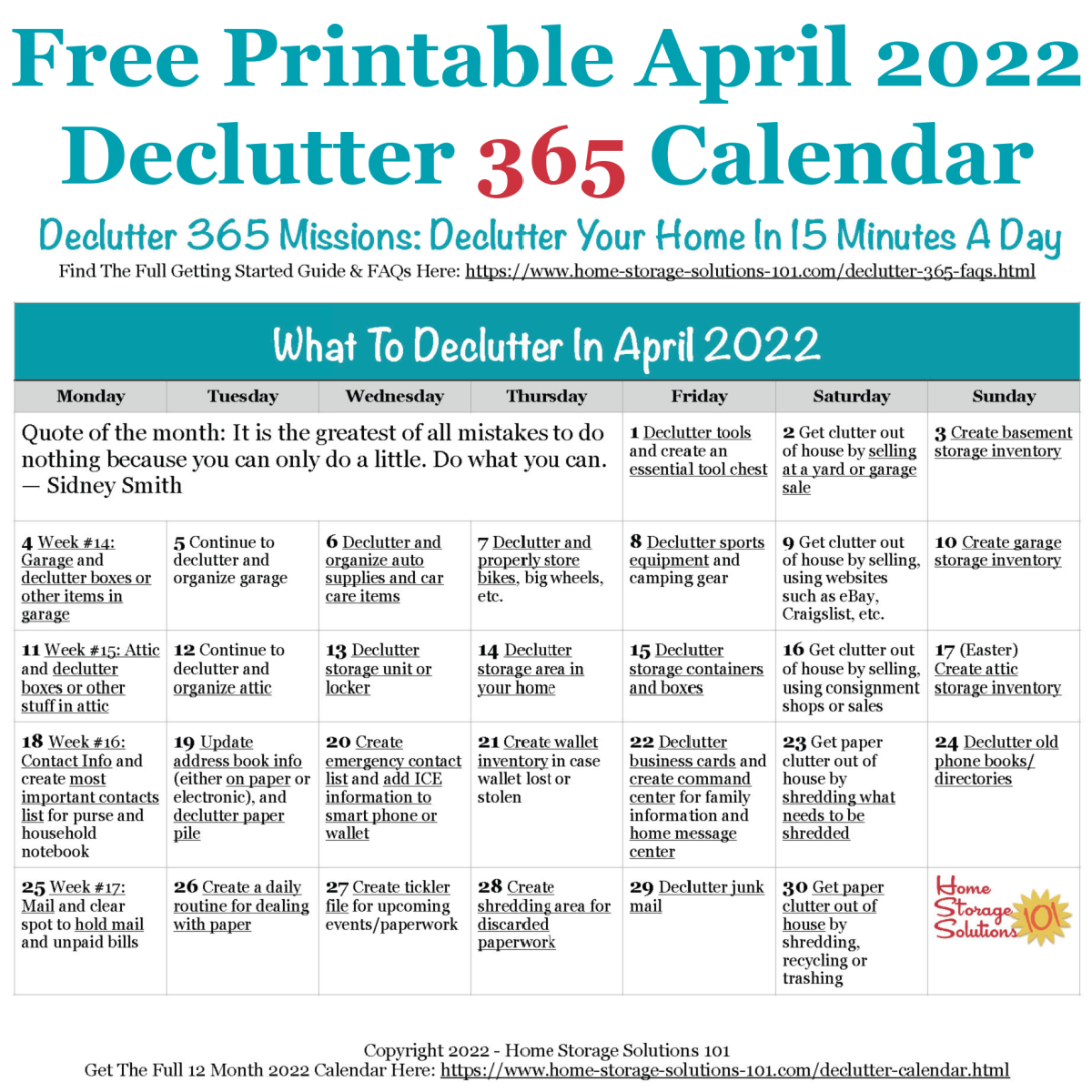 April Declutter Calendar: 15 Minute Daily Missions For Month