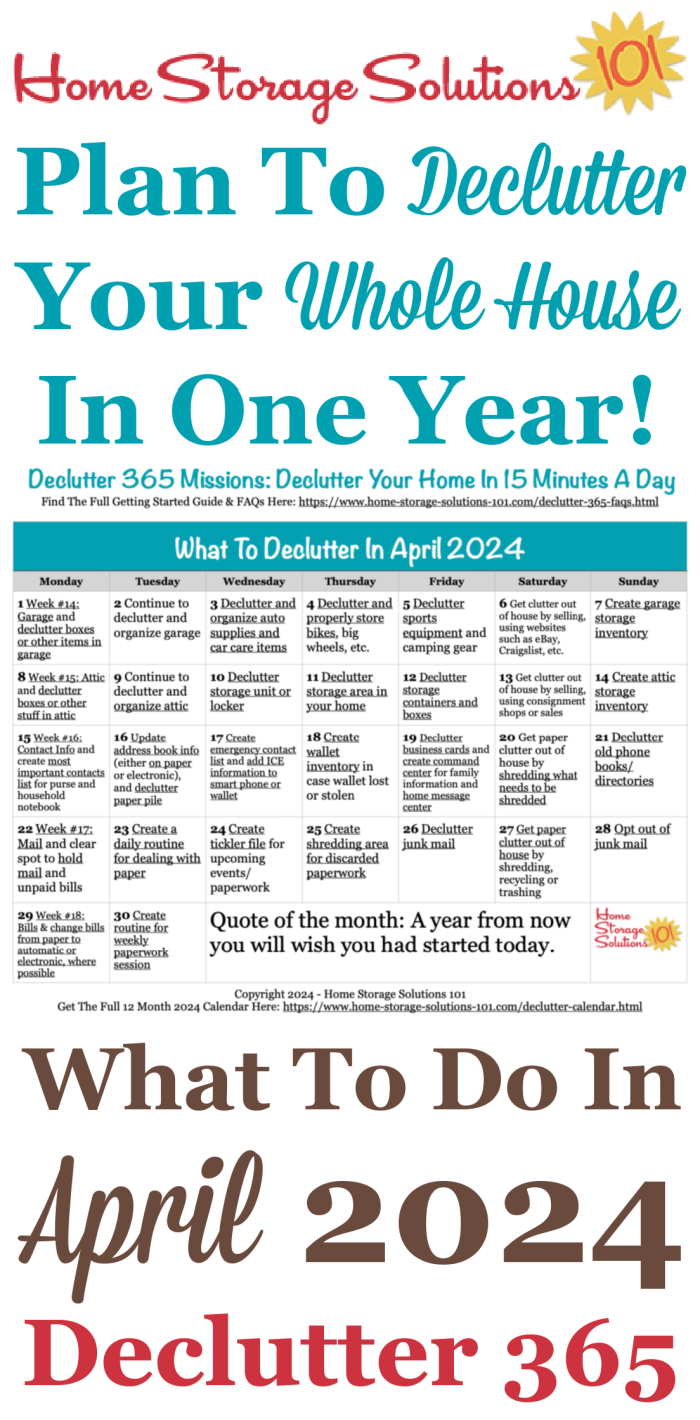 April Declutter 365 Calendar: 15 Minute Daily Missions For Month