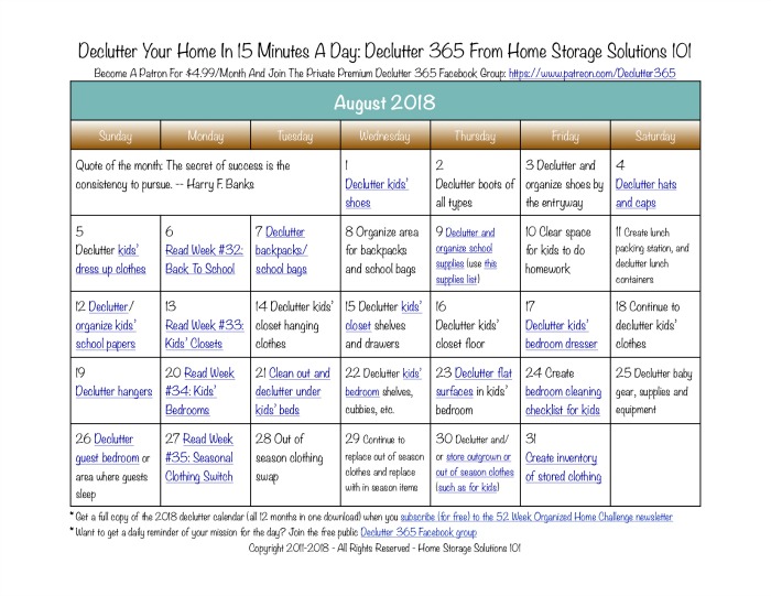 August Declutter Calendar: 15 Minute Daily Missions For Month