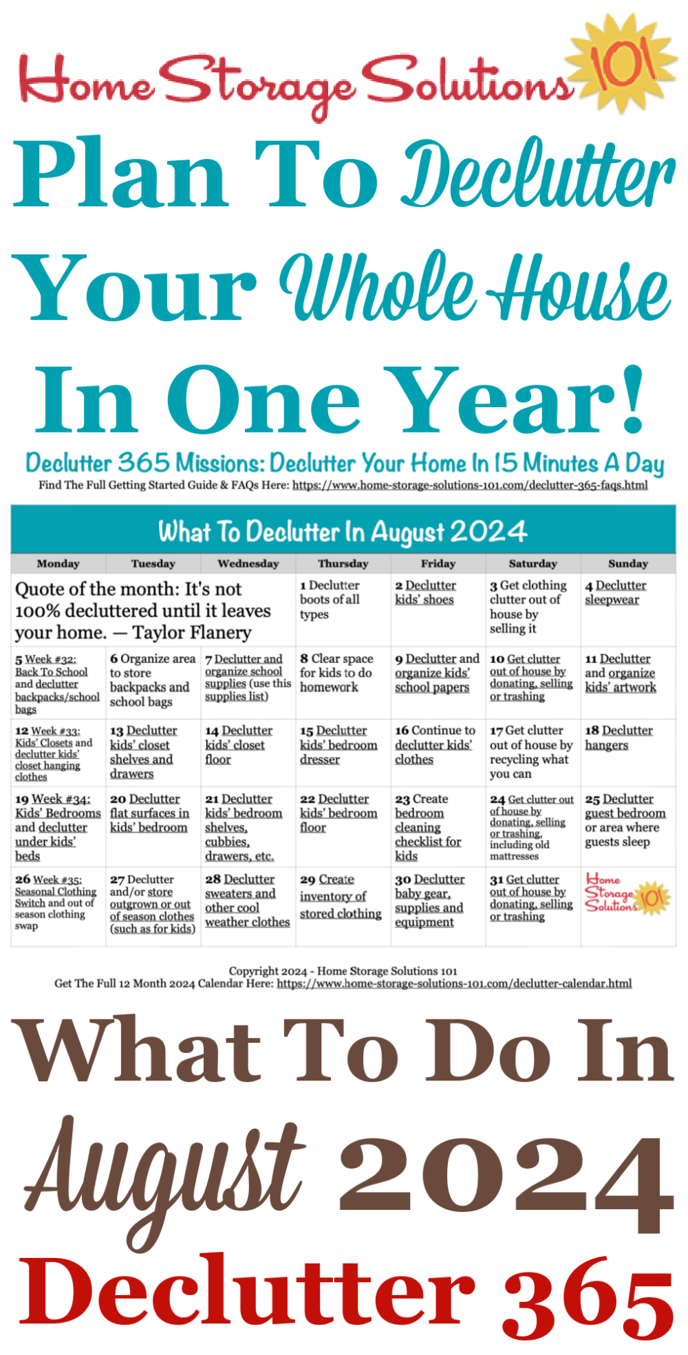 August Declutter 365 Calendar: 15 Minute Daily Missions For Month
