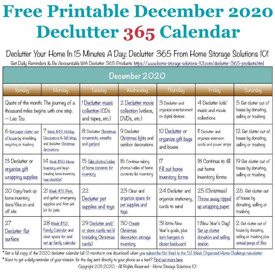 December Declutter Calendar: 15 Minute Daily Missions For Month