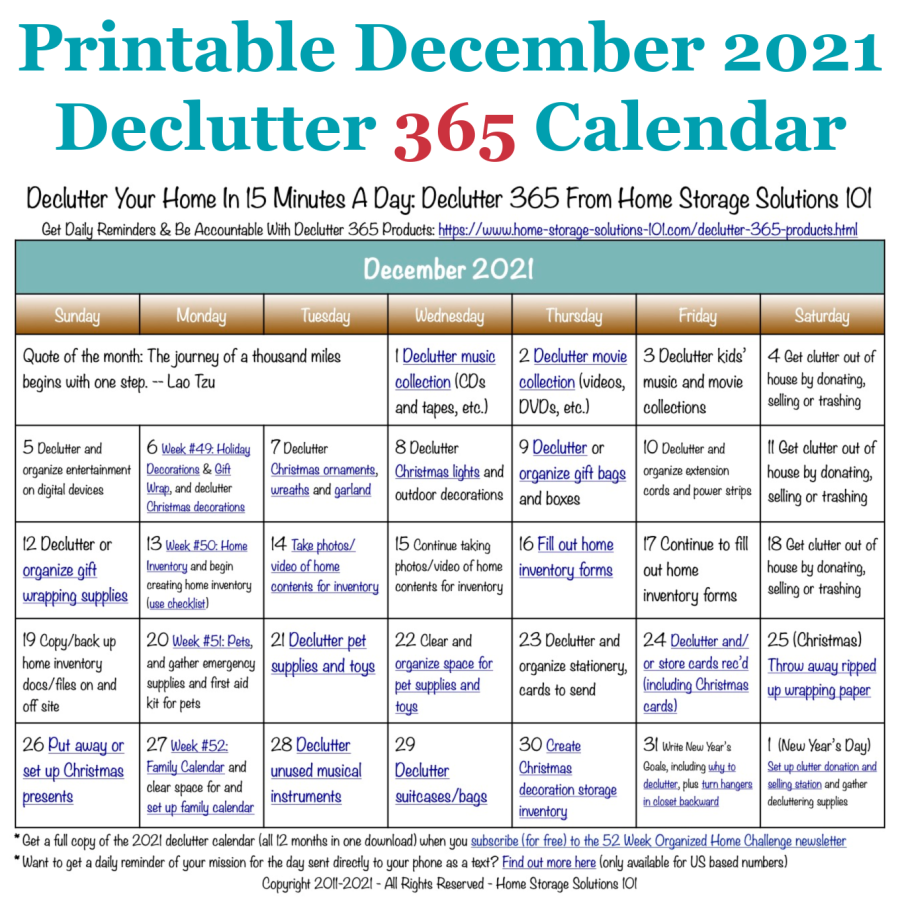 December Declutter Calendar: 15 Minute Daily Missions For Month