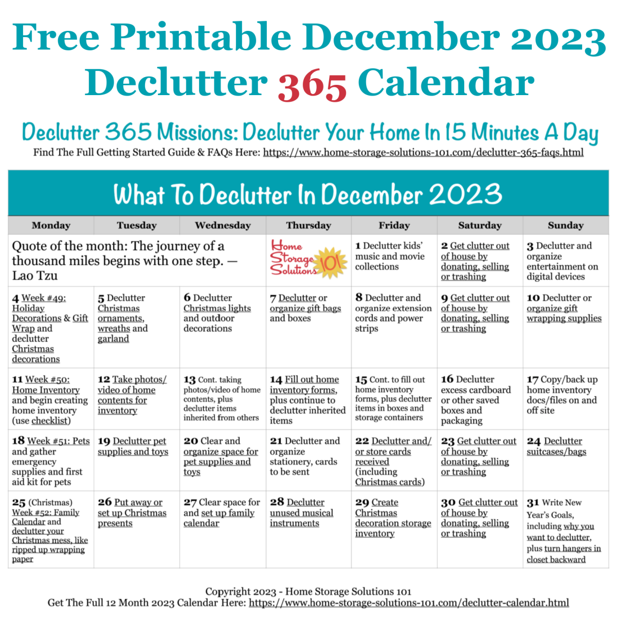 December Declutter 365 Calendar: 15 Minute Daily Missions For Month