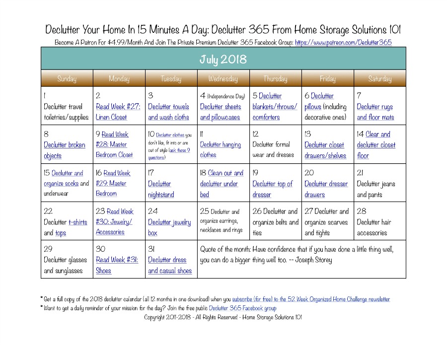 July Declutter Calendar: 15 Minute Daily Missions For Month