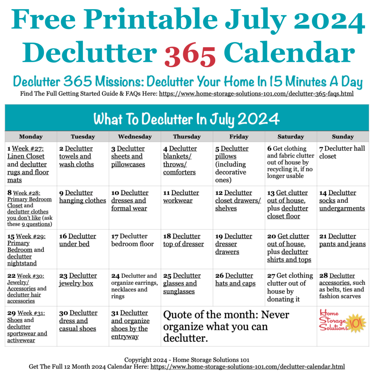 July Declutter 365 Calendar: 15 Minute Daily Missions For Month