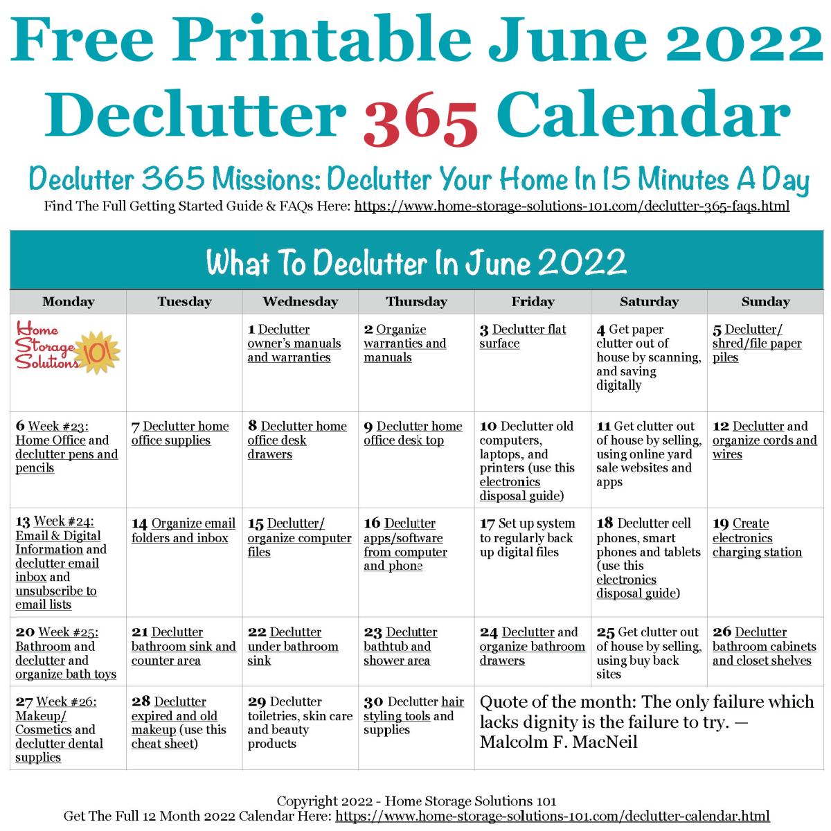 June Declutter 365 Calendar: 15 Minute Daily Missions For Month