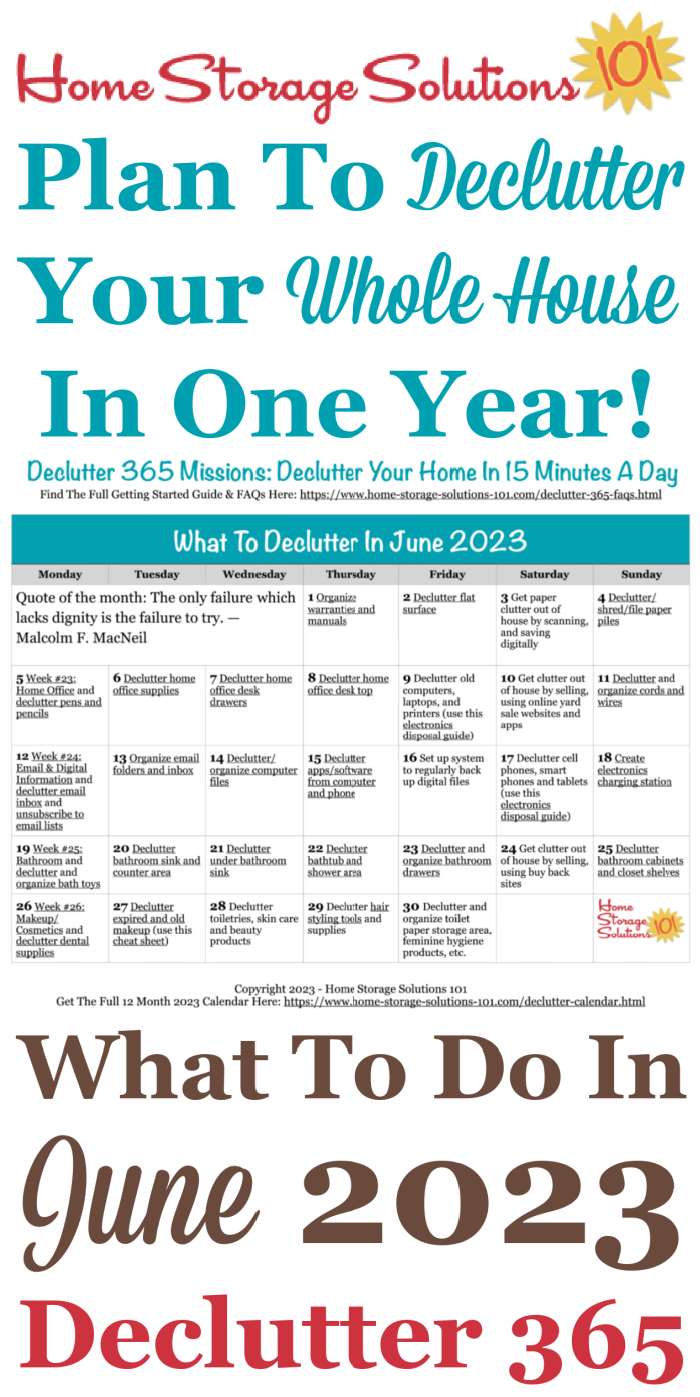 June Declutter 365 Calendar: 15 Minute Daily Missions For Month