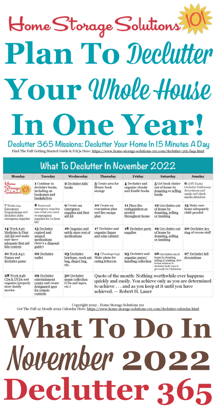 November Declutter 365 Calendar: 15 Minute Daily Missions For Month