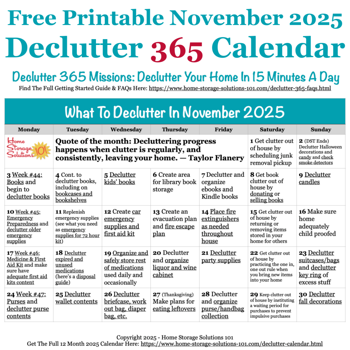 November Declutter 365 Calendar: 15 Minute Daily Missions For Month