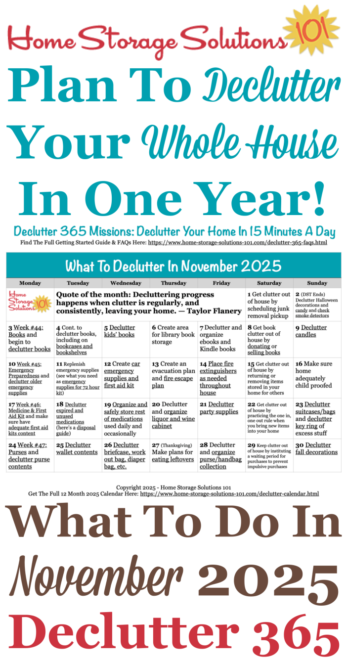 November Declutter 365 Calendar: 15 Minute Daily Missions For Month