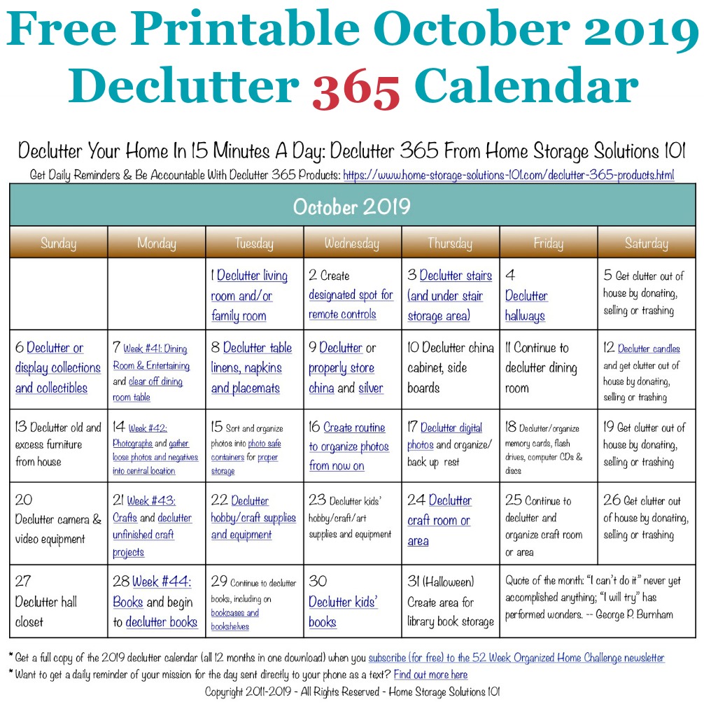 October Declutter Calendar: 15 Minute Daily Missions For Month