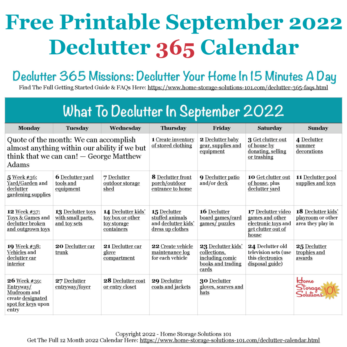 September Declutter 365 Calendar: 15 Minute Daily Missions For Month
