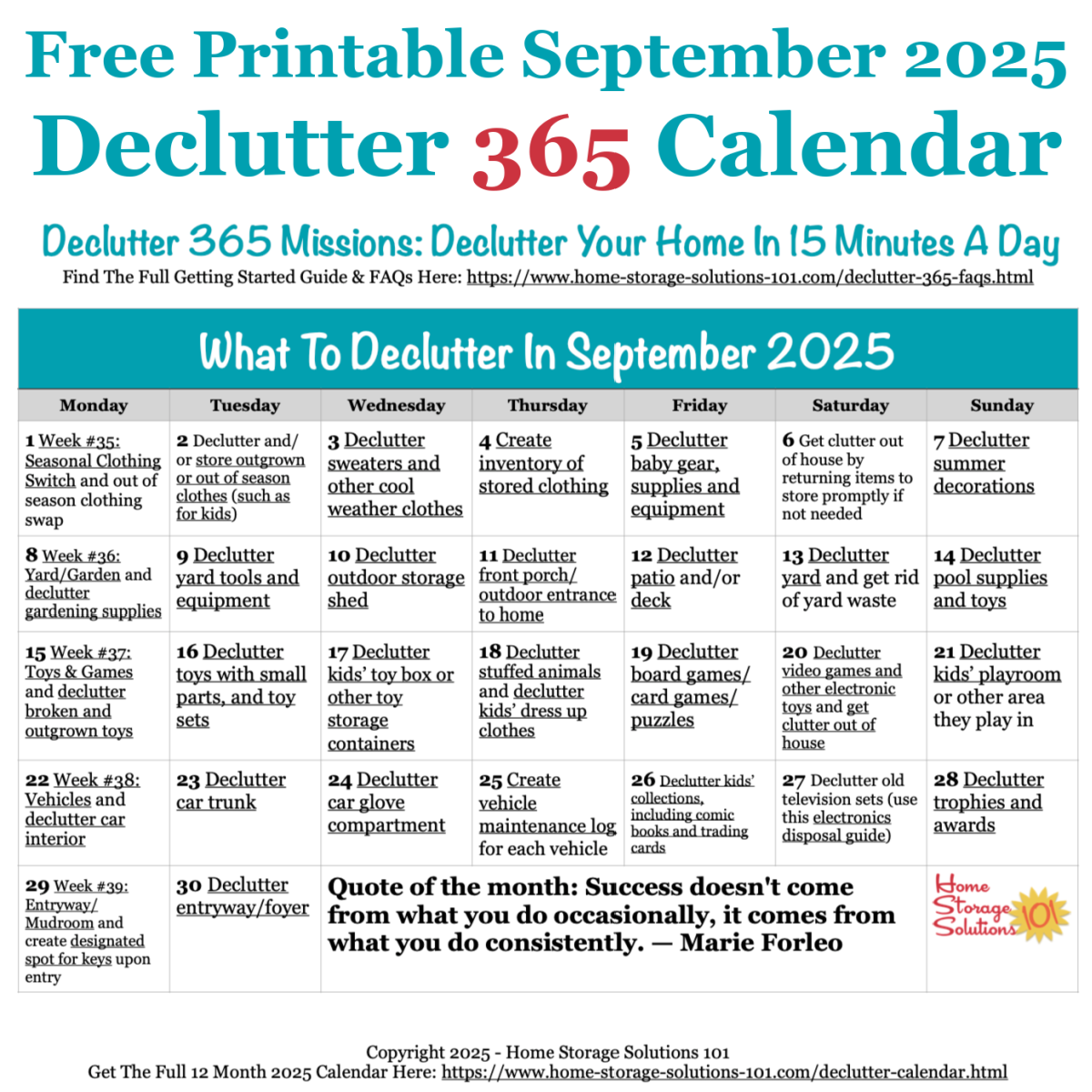 September Declutter 365 Calendar: 15 Minute Daily Missions For Month